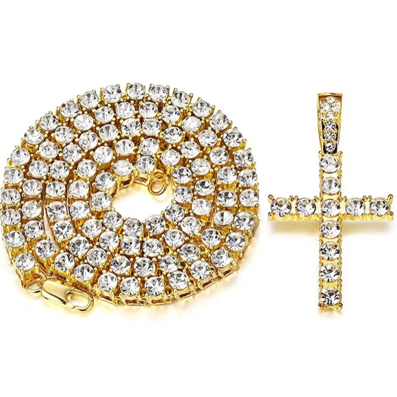 Accessories | 18k Gold Iced Out Tennis Chain W Gold Cross Cz | Poshmark